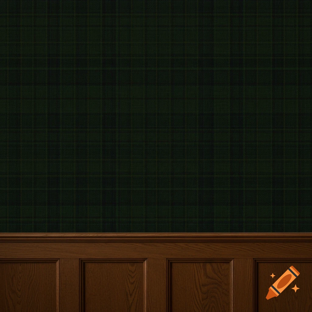 Photorealistic dark green tartan wallpaper with dark oak paneling on ...