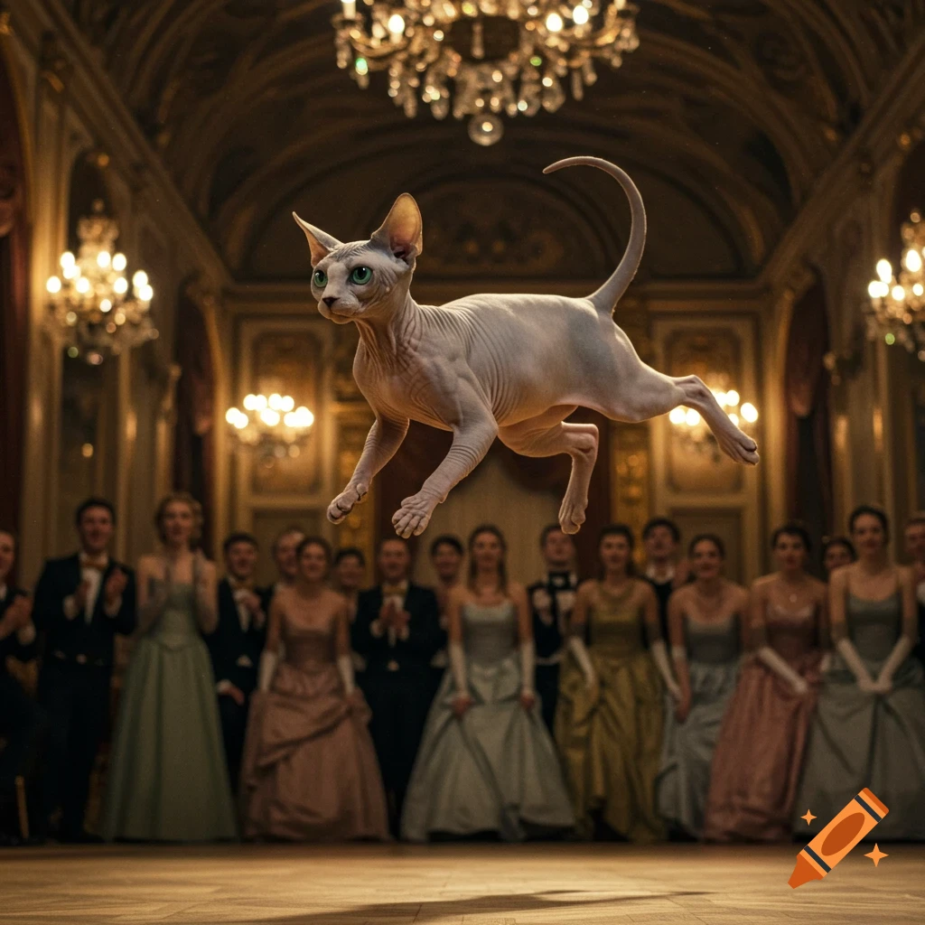 Hairless cat doing gymnastics at a ball for fans on Craiyon