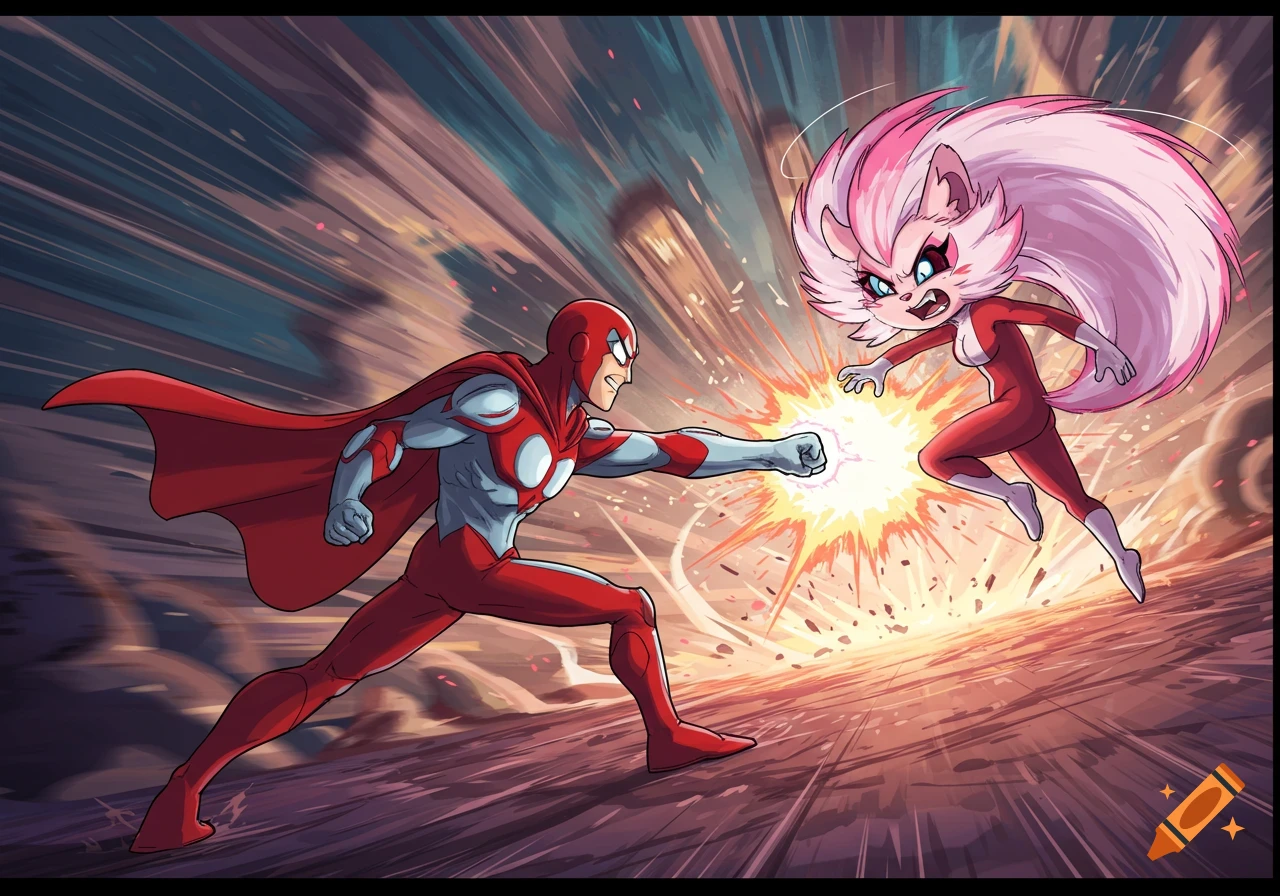 Superhero fights furry creature in dynamic action pose, comic book art ...