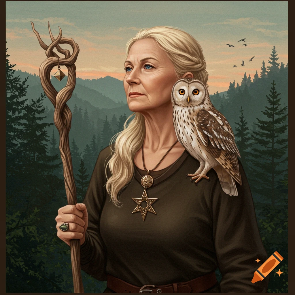 Blonde woman in her 60s with an owl on her shoulder in a Nordic ...