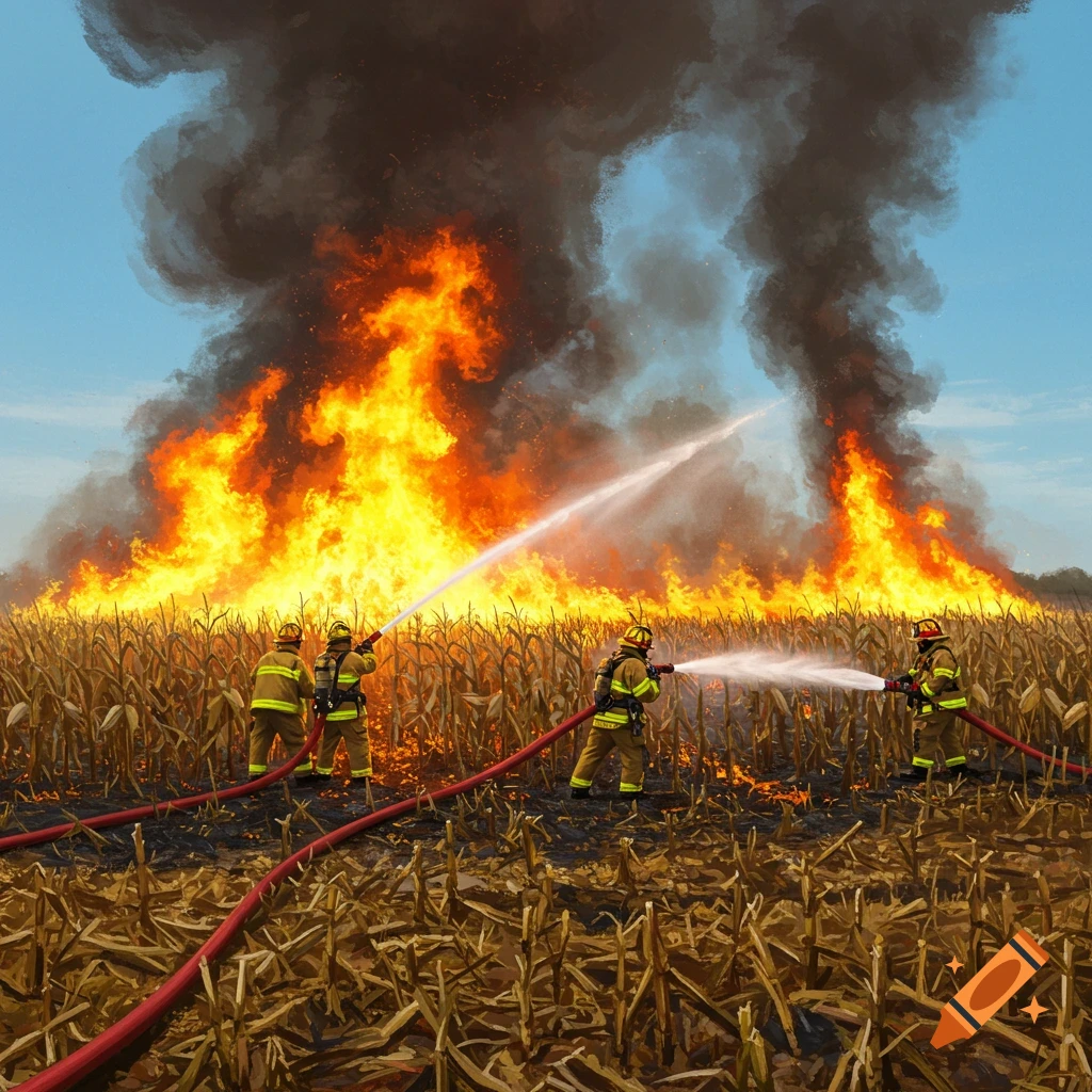 Firefighters battle a large cornfield fire under a clear sky. on Craiyon