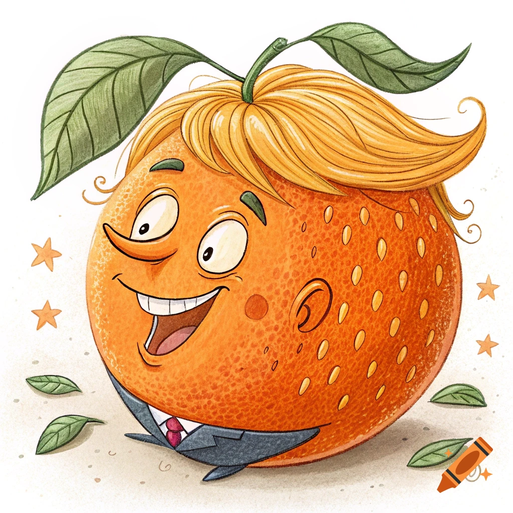 Whimsical cartoon of an orange fruit character with blond hair and a ...