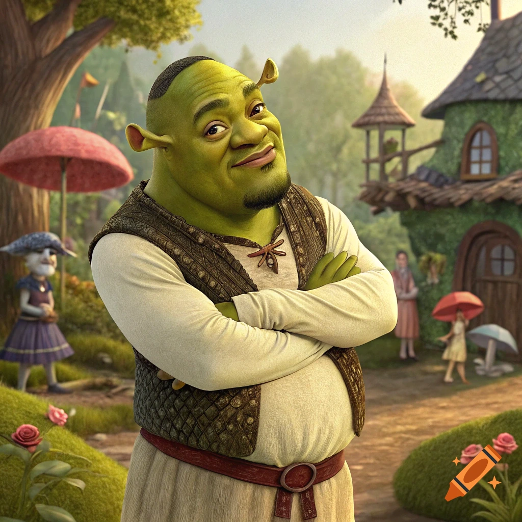 Shrek displaying teeth at egg delivery man on Craiyon