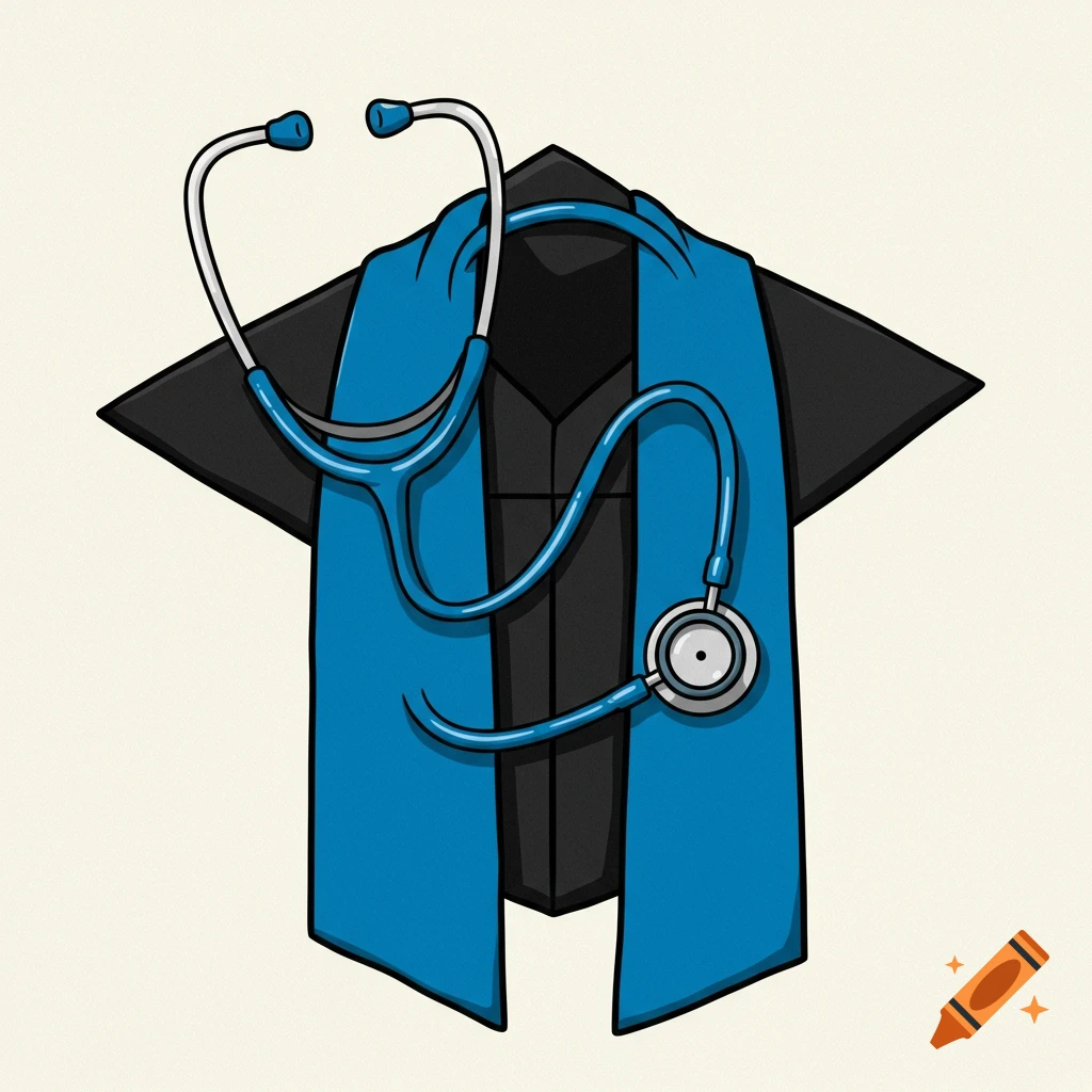 A cartoon illustration of a graduation cap with a blue stole and a ...