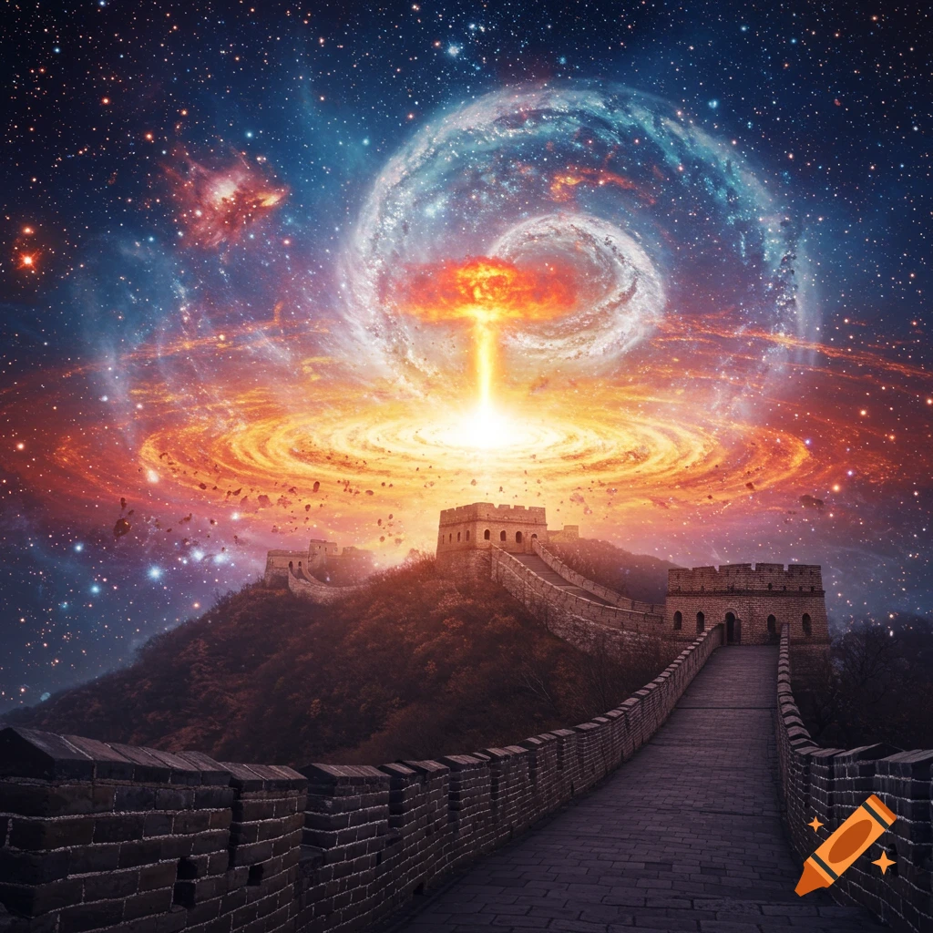 The Great Wall of China beneath a cosmic explosion and swirling galaxy. on Craiyon