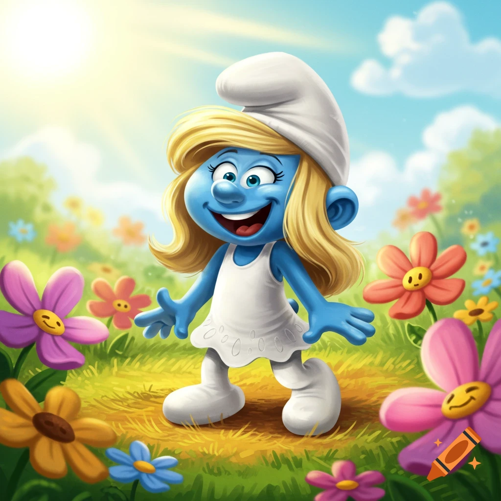 Smurfette smiling in a sunny field of colorful flowers. on Craiyon