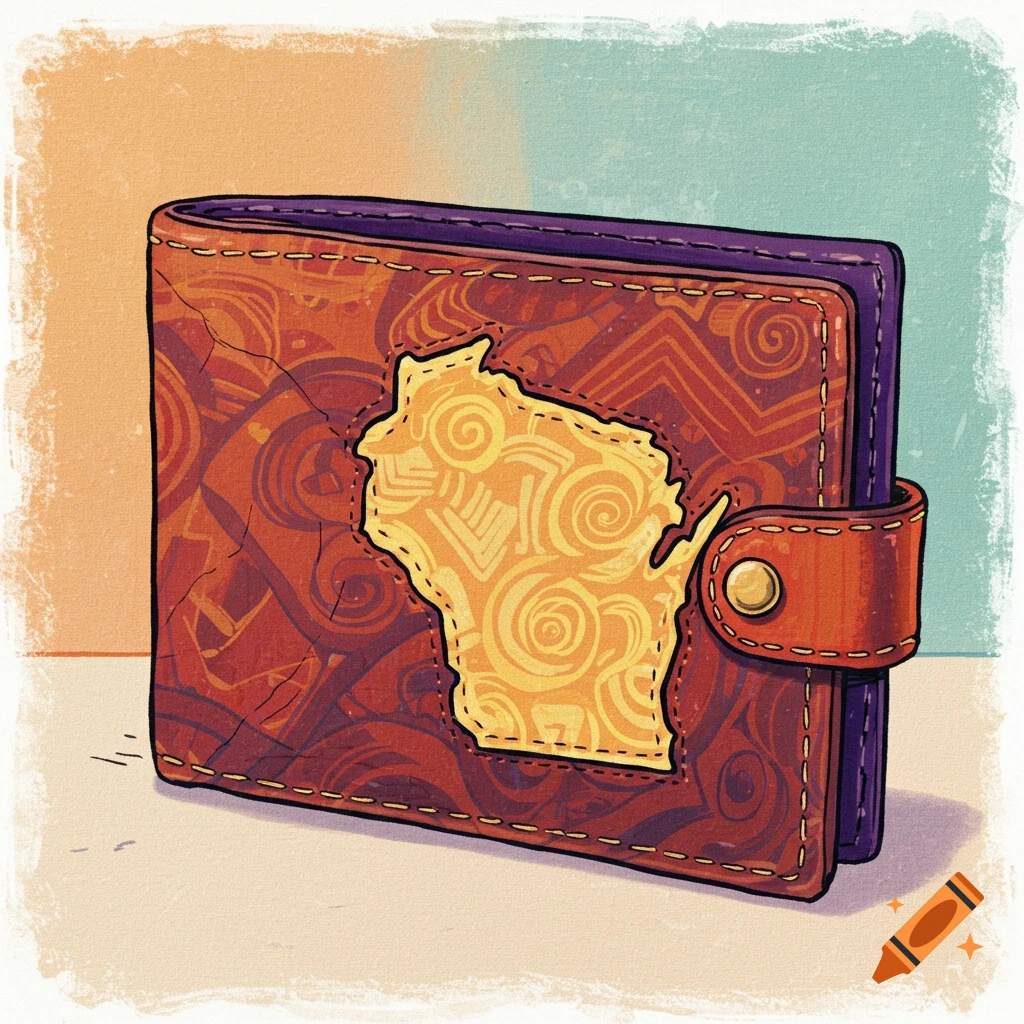 Illustration of a wallet with the outline of Wisconsin stitched onto it ...