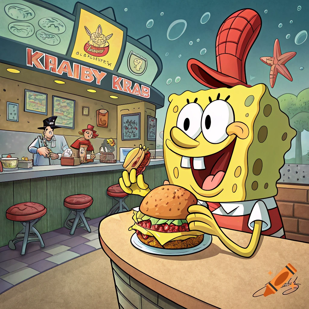 Spongebob and Daniel Tiger sit at a table in the Krusty Krab restaurant. on Craiyon