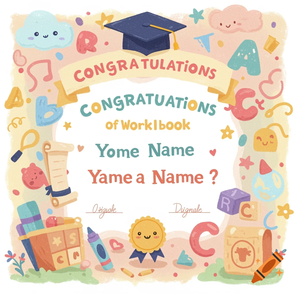 Cute certification of completion for preschool workbook on Craiyon