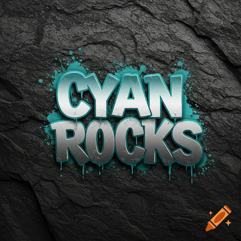 Cyan Rocks logo in silver graffiti font on Craiyon