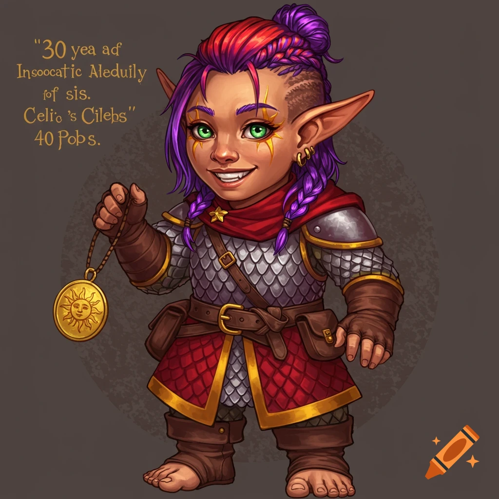 Halfling cleric with red, gold, and violet clothing and sun tattoo on ...