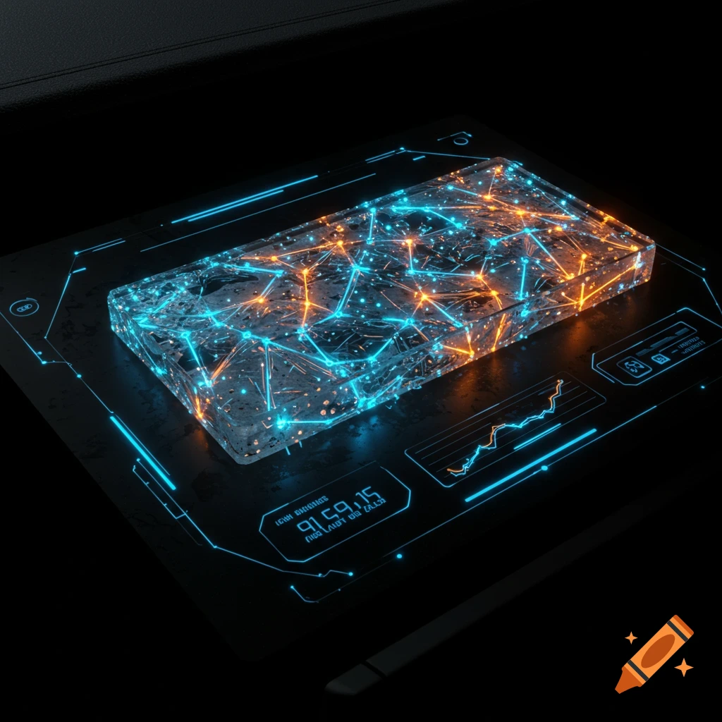 Transparent concrete with glowing fibers and digital dashboard on Craiyon