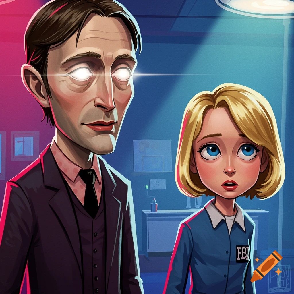 A stylized image of a man with glowing eyes and a woman with blonde ...