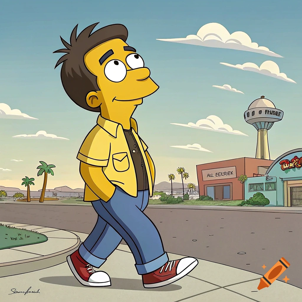 The Simpsons style cartoon character walking on a sidewalk on Craiyon