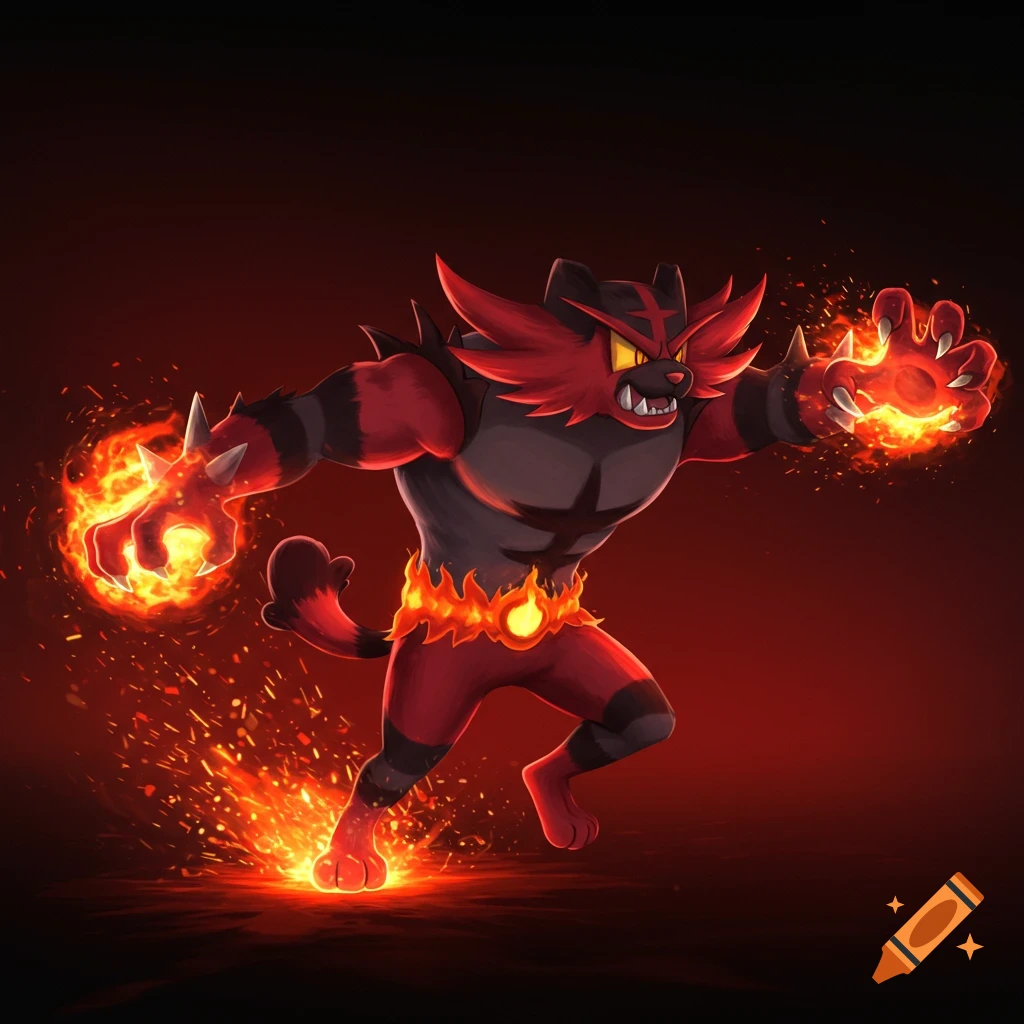 Incineroar Pokemon running with red sparks on Craiyon
