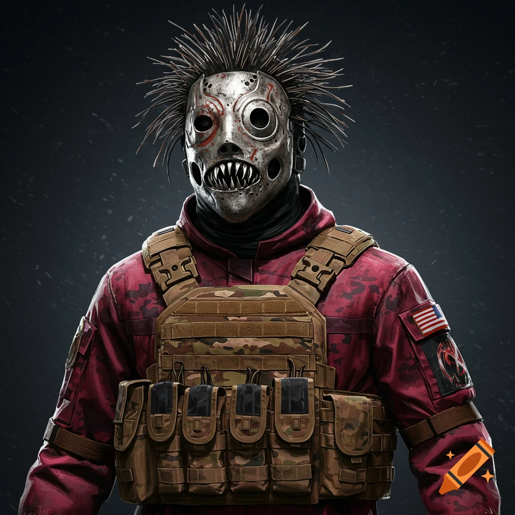 A person wearing a metallic mask with sharp teeth and tactical gear ...