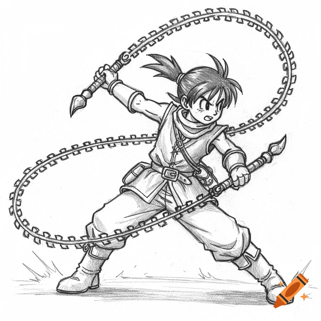 Pencil sketch of young person with segmented whip in Dragon Quest style ...