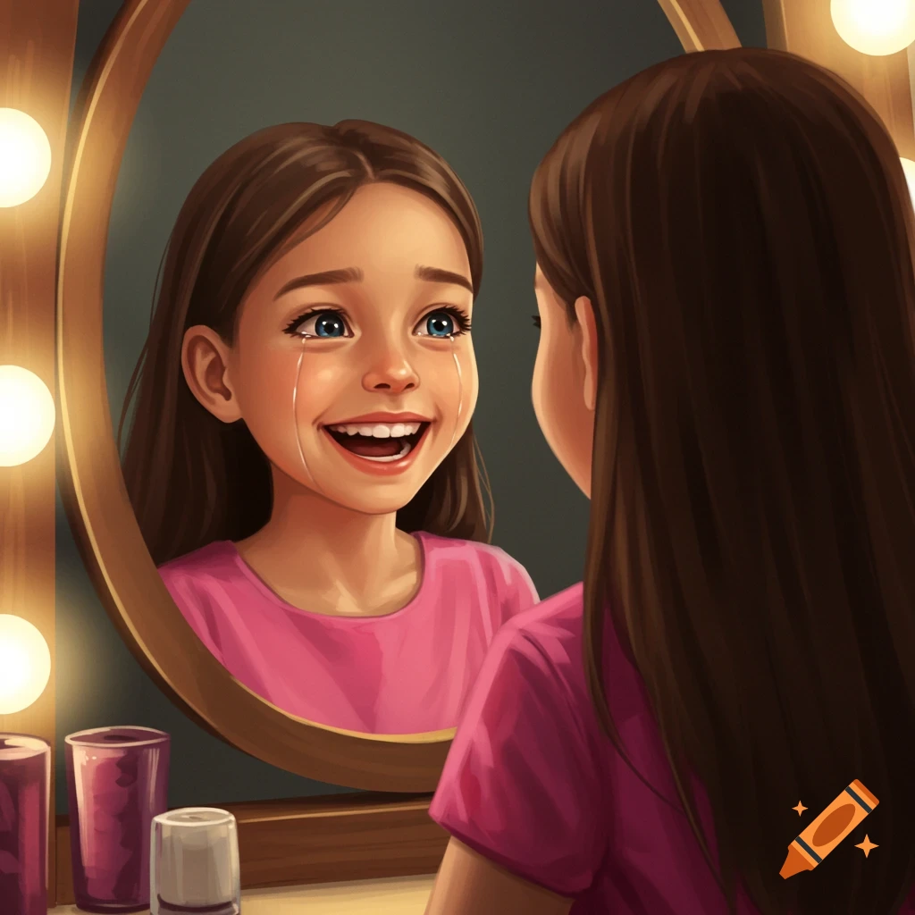 Girl smiling into mirror, reflection crying on Craiyon