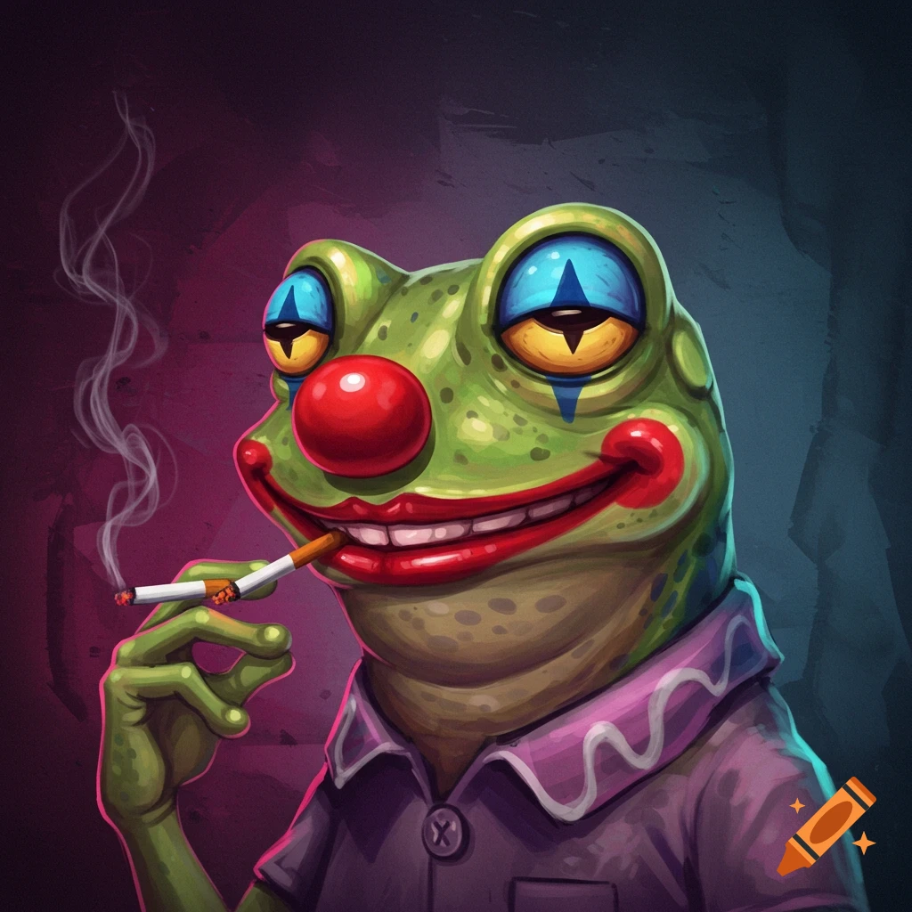 Frog wearing clown makeup smoking a cigarette on Craiyon