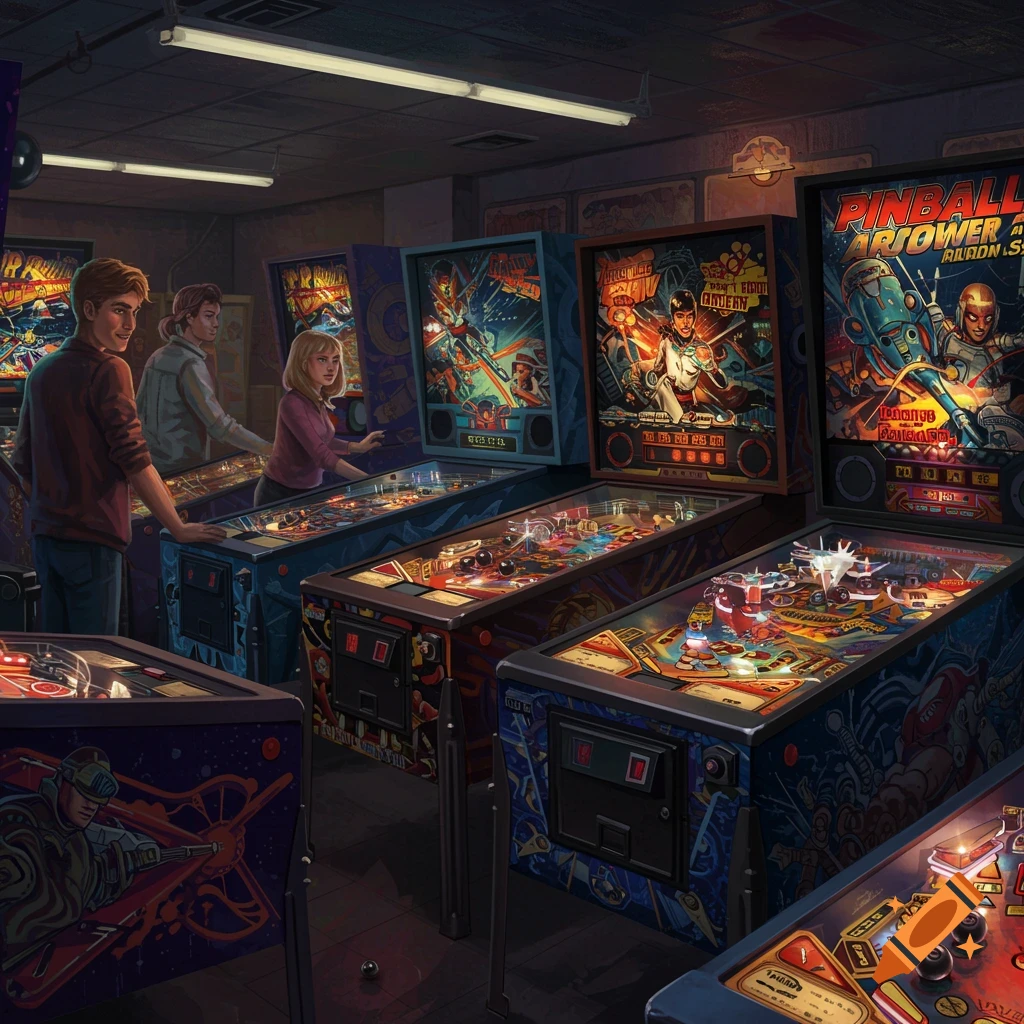 People play various arcade and pinball machines in a dimly lit game ...