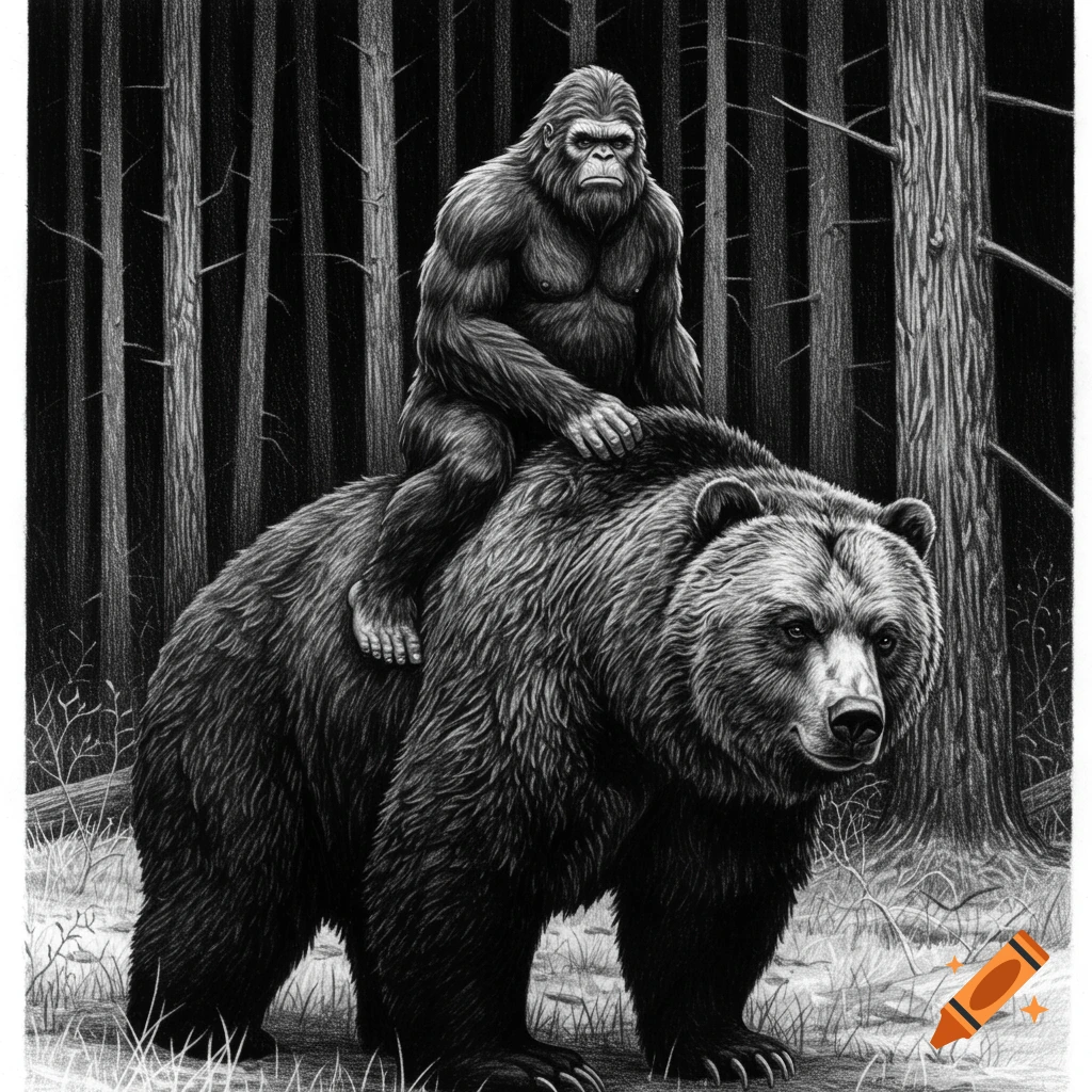 Black and white pencil drawing of a Sasquatch riding a grizzly bear in ...