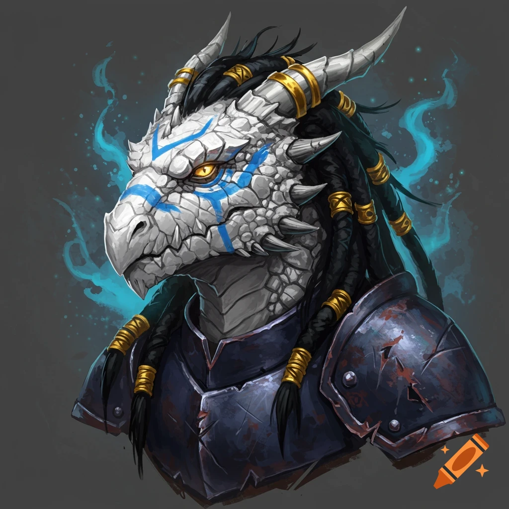 Digital painting of a dragonborn warrior with glowing eyes and blue war ...