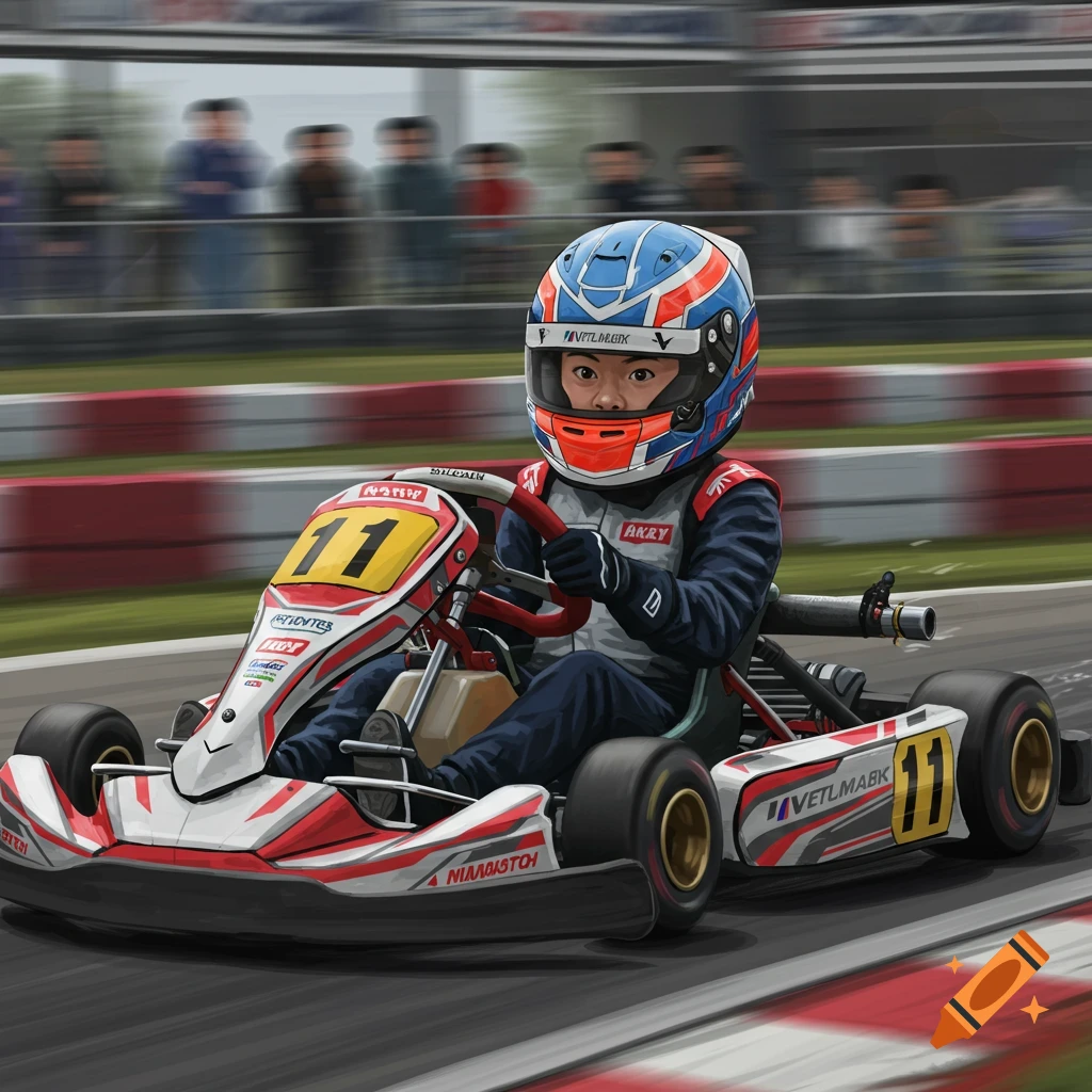 A young go-kart racer in a helmet is driving on a track. on Craiyon