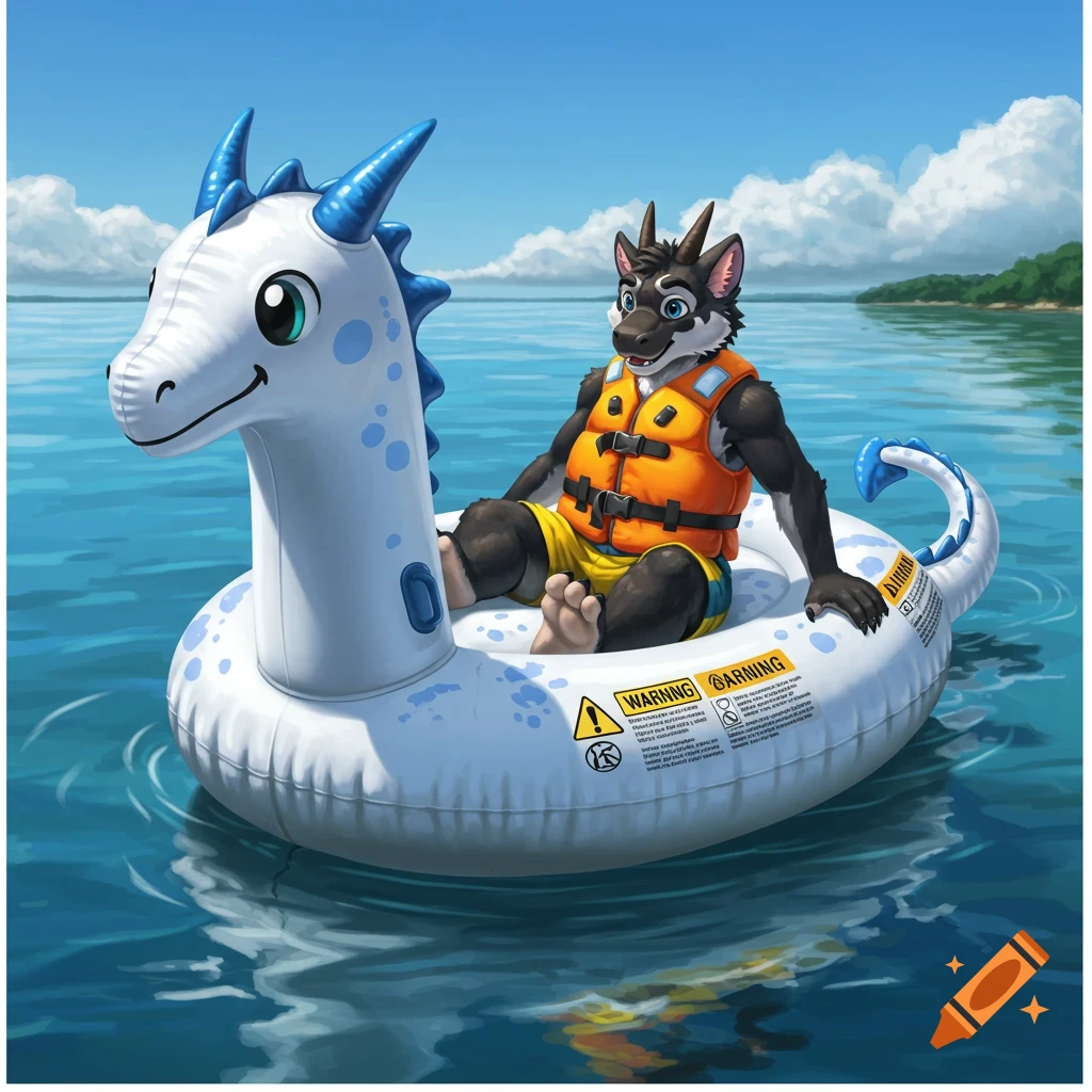 Inflatable dragon raft with furry anthro dragon wearing life jacket. on ...