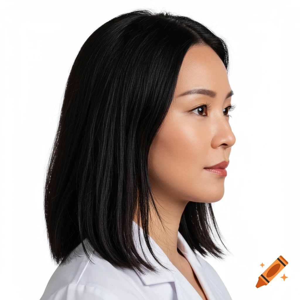Headshot of a female doctor with black hair in a white lab coat on Craiyon
