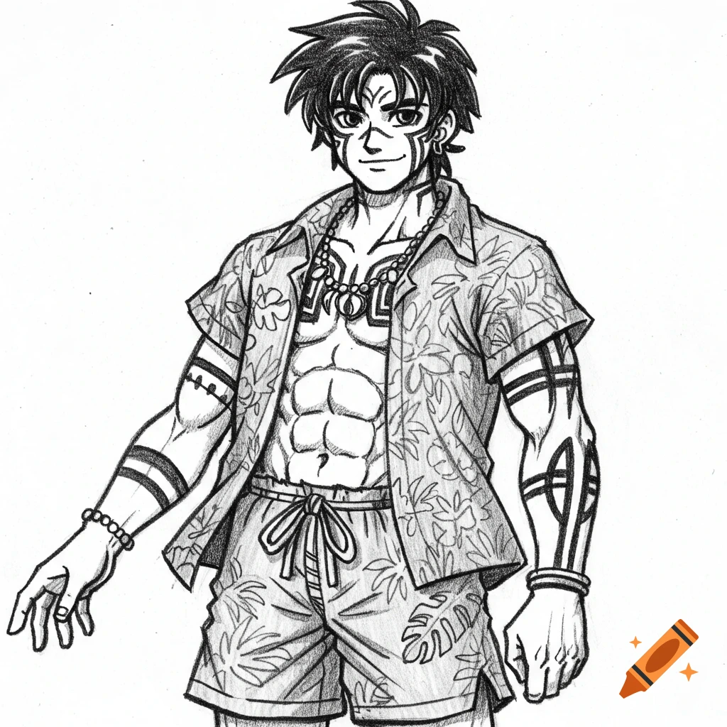 Dragon Quest style young man with tribal tattoos in tropical clothing ...