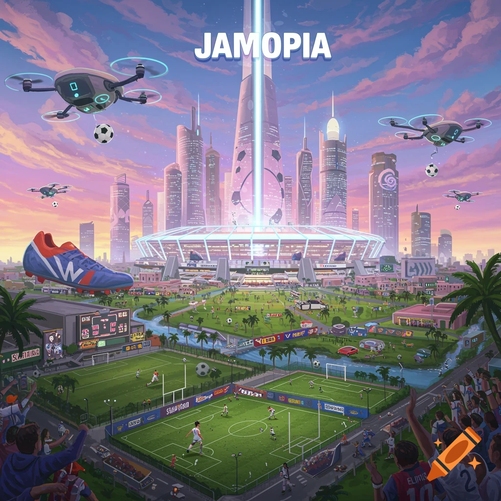 Futuristic digital utopia Jamopia built around soccer with goalpost skyscrapers on Craiyon