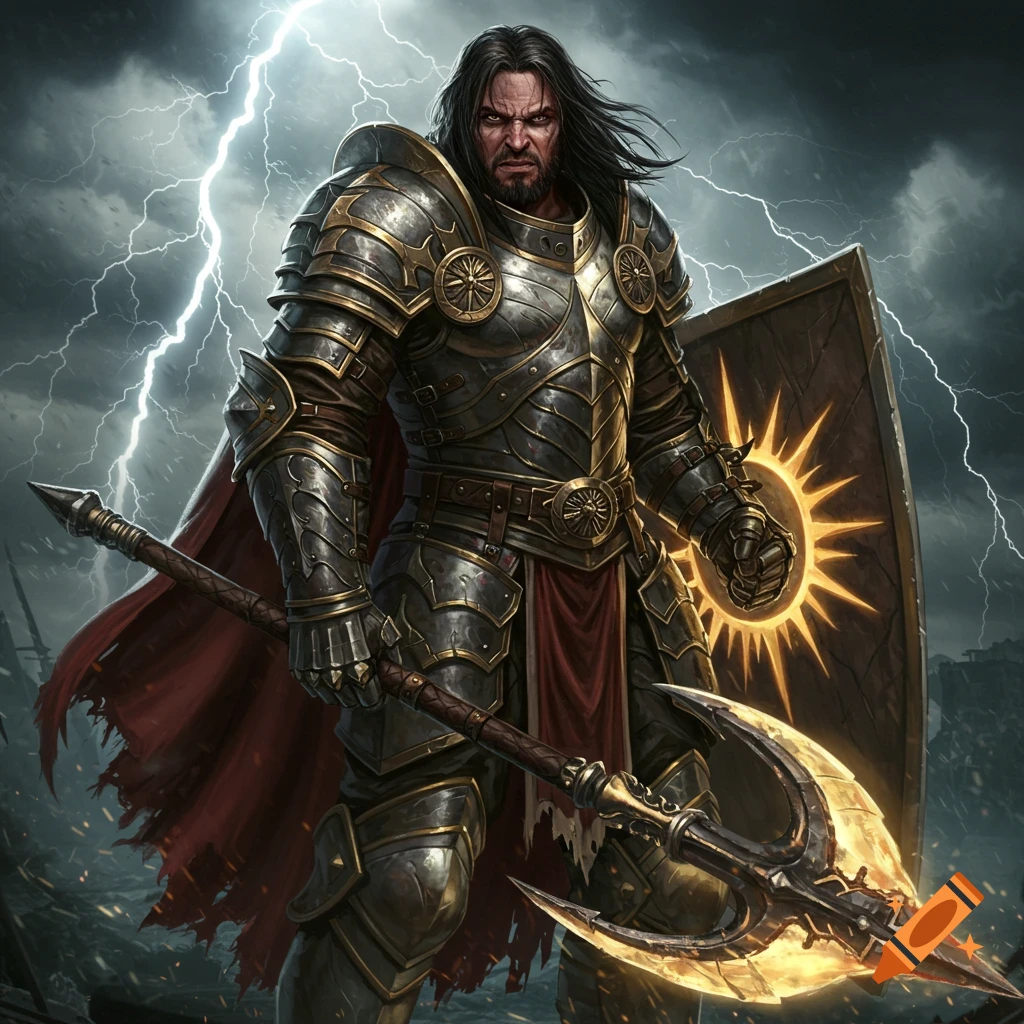 Powerful paladin with harpoon and glowing shield on Craiyon