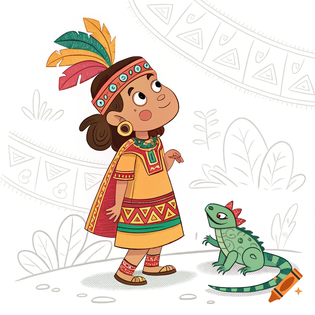 Coloring page of an Aztec girl with iguana on Craiyon