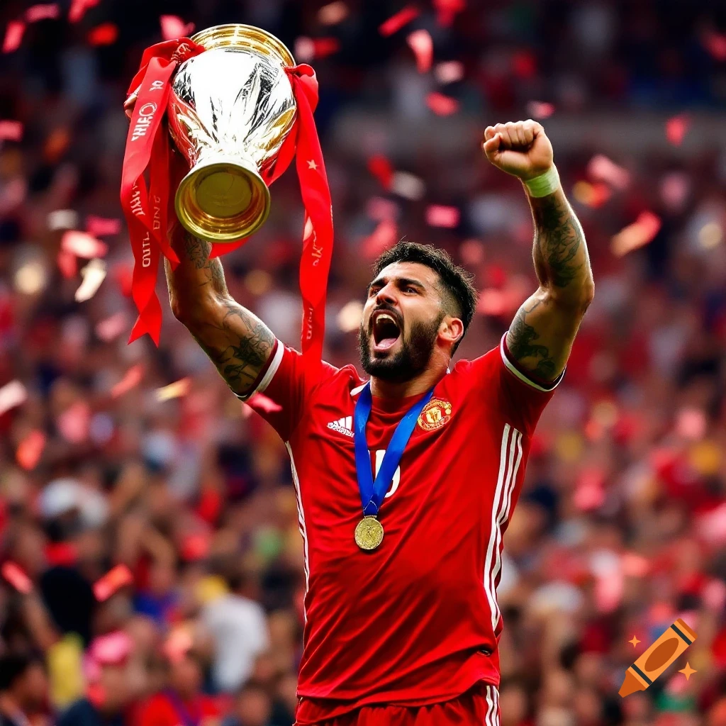 Manchester United player lifts a large gold trophy as confetti falls ...