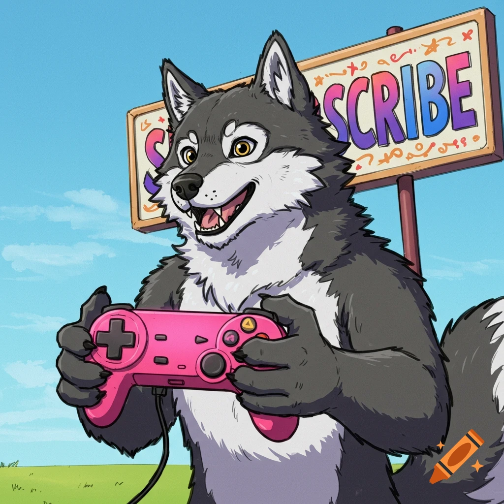 Wolf holding a pink controller with 'Subscribe' sign drawing on Craiyon