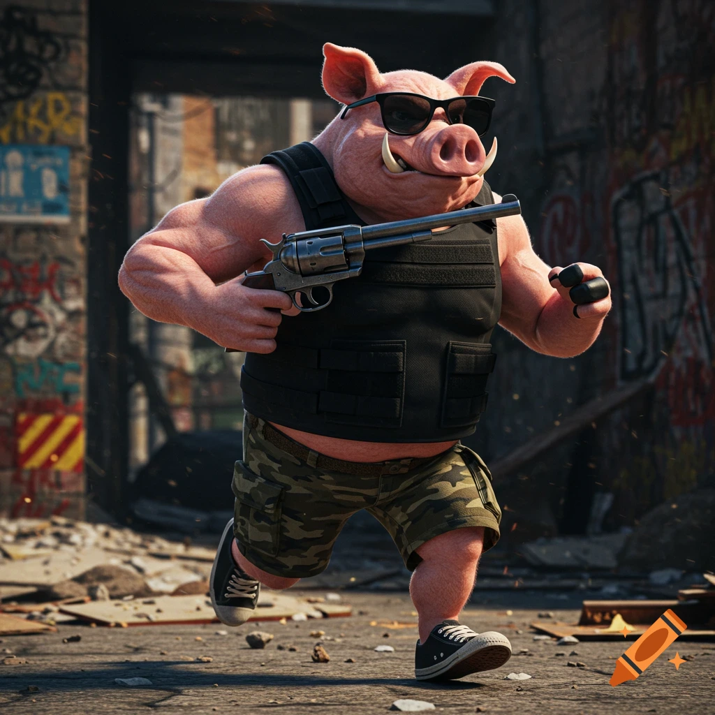 Strong pig in bulletproof vest running with gun on Craiyon