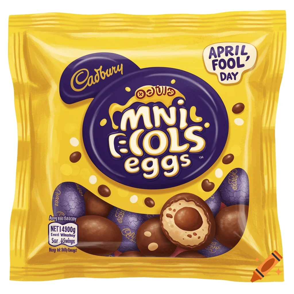 Purple Cadbury Mini Eggs bag with 'April Fools' text on Craiyon