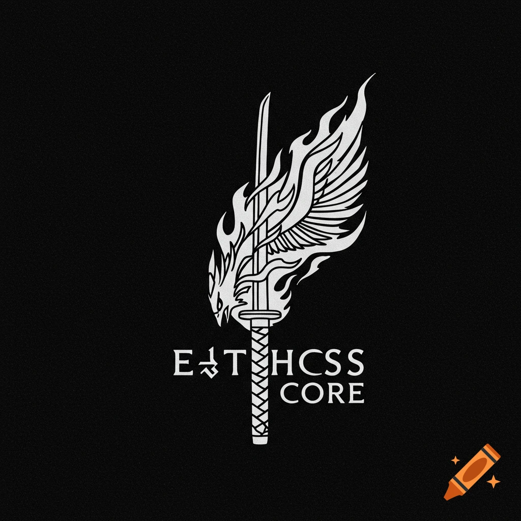 Minimalist black-and-white Ethos Core logo featuring samurai sword and ...