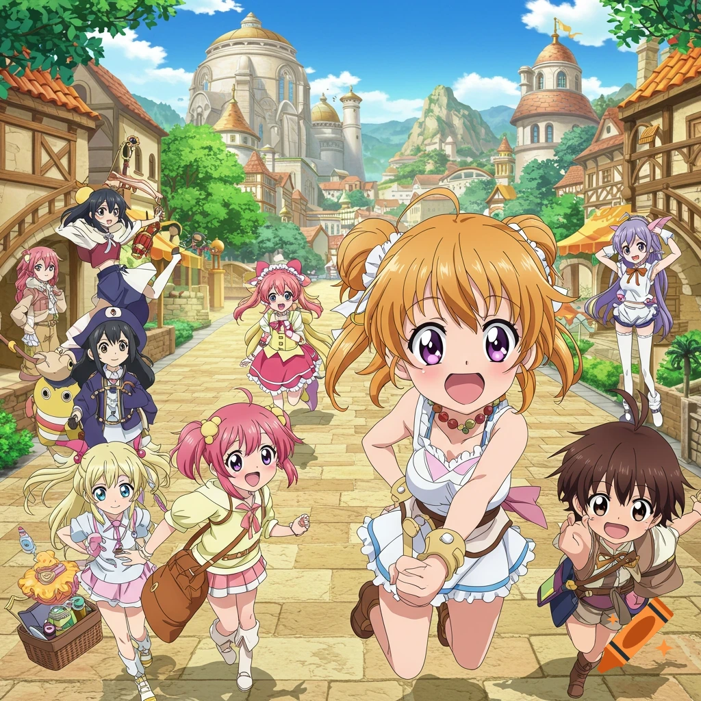 Cheerful anime characters run down a cobblestone street in a vibrant ...