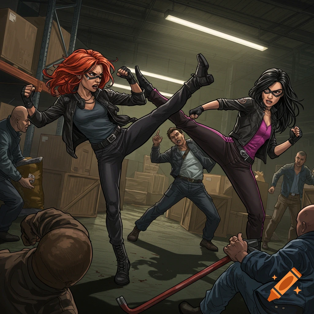 Two women with hands raised surrender to armed female guards in a base ...