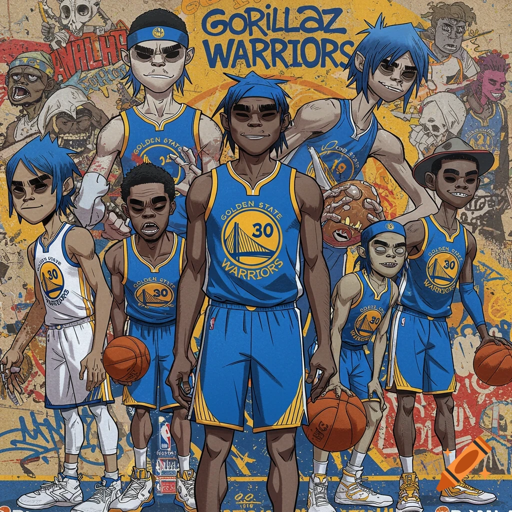 Illustration of Gorillaz-style cartoon characters wearing Golden State ...
