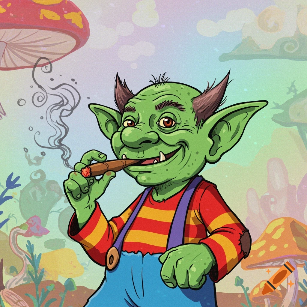 Cartoon troll smoking a cigar in a whimsical fantasy landscape with ...