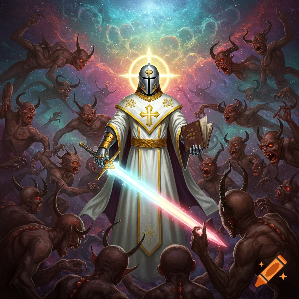 Space knight in white robe and helmet fighting demons with rainbow ...