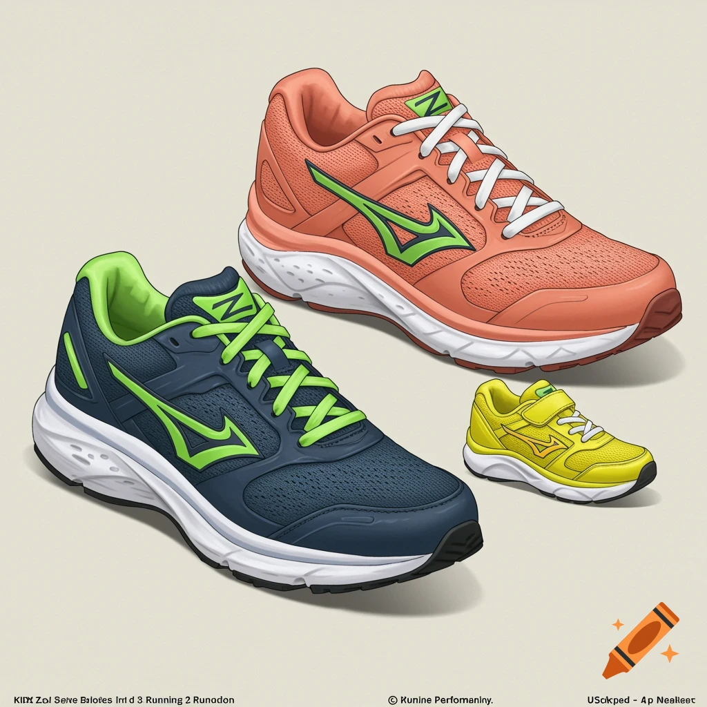 Three running shoes: blue, orange, and yellow. on Craiyon
