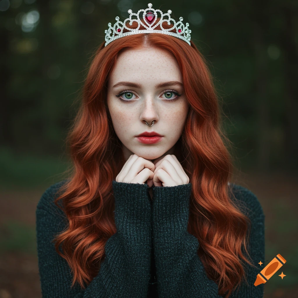 Teenage girl with red hair, tiara, vintage fashion on Craiyon
