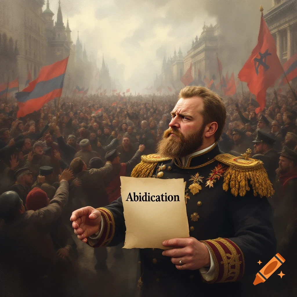 Crowds storming streets, Tsar Nicholas with abdication notice on Craiyon