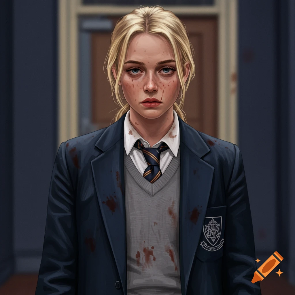 Blonde female student in school uniform with blazer and sweater. on Craiyon