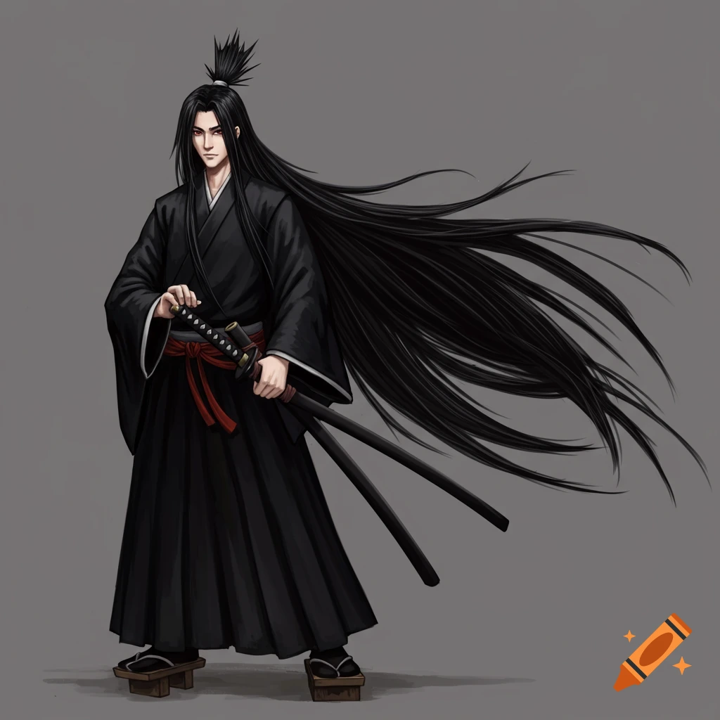 Man in Japanese robes with long black hair and katana on Craiyon