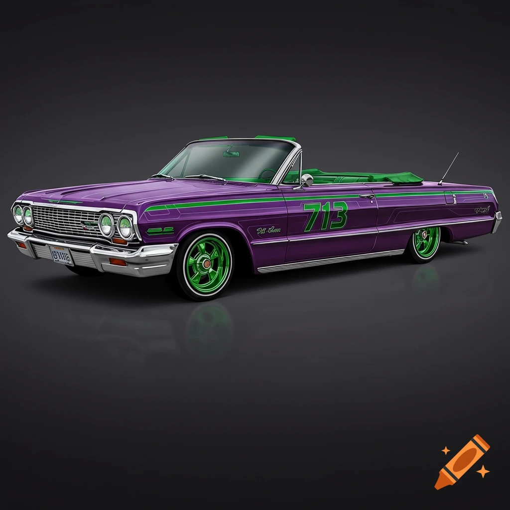 Purple 63 Impala lowrider convertible with green accents, Houston slabs ...