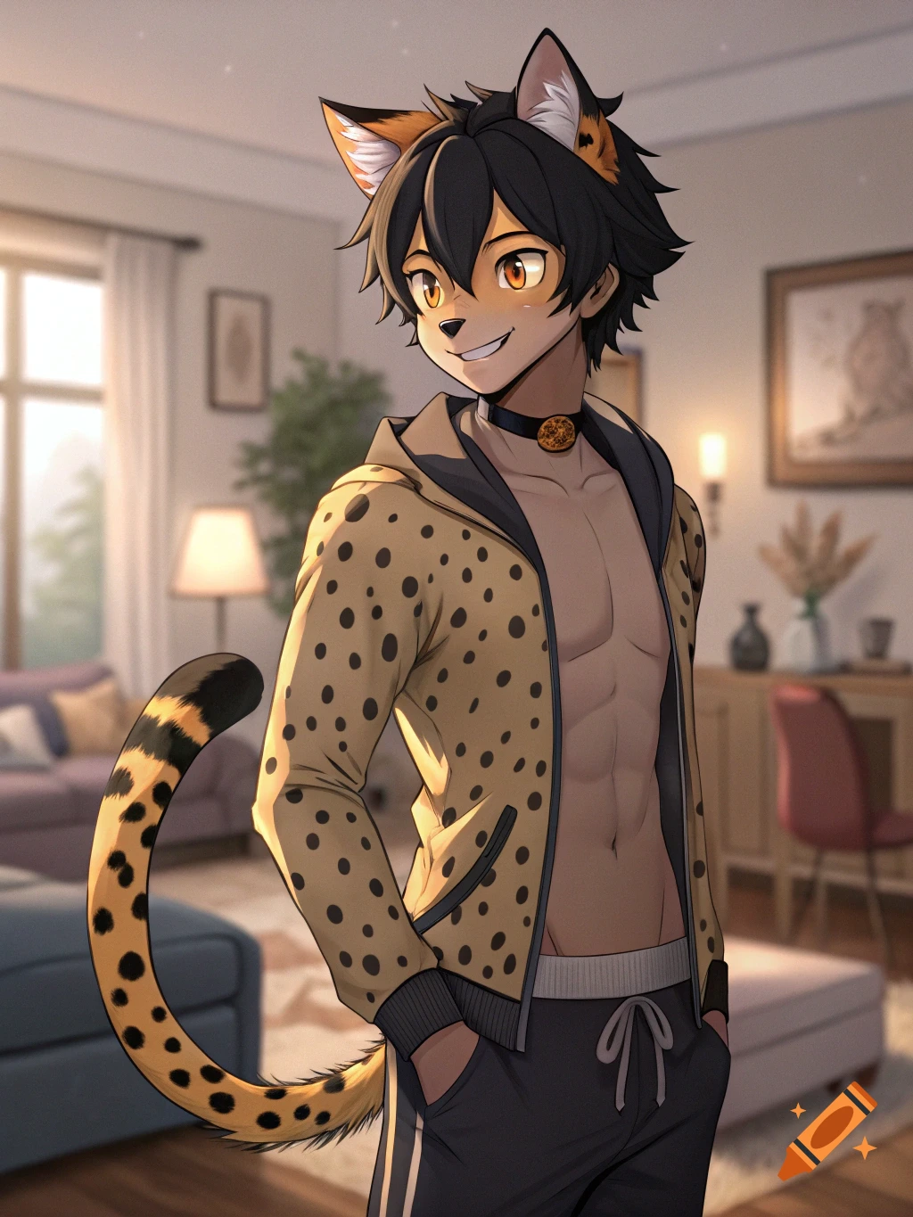 Anime cheetah hybrid character with black hair and hazel eyes on Craiyon